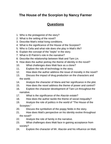 The House of the Scorpion. 40 Reading Comprehension Questions (Editable ...