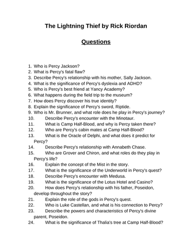 The Lightning Thief. 40 Reading Comprehension Questions (Editable ...