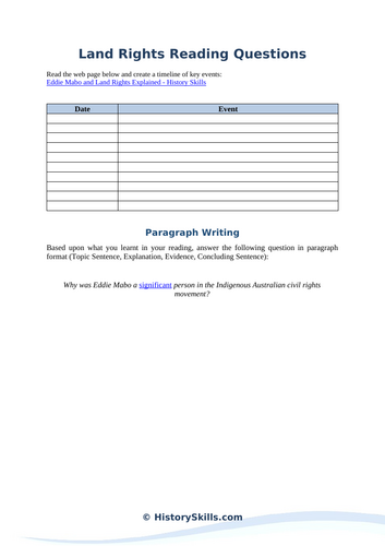 Mabo and Australian Land Rights Reading Questions Worksheet | Teaching ...