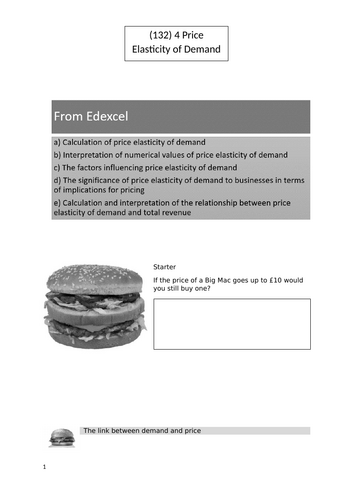 Theme 1 Marketing and people EDEXCEL IA Level Business Unit 7 Price Elasticity of Demand (PED ...