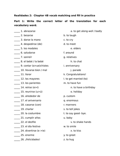Realidades 2: Chapter 4B vocab matching and fill in practice | Teaching ...