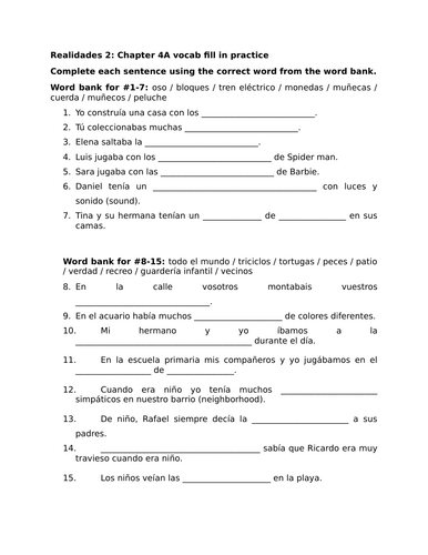 Realidades 2: Chapter 4A vocab fill in practice | Teaching Resources