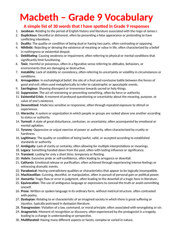Macbeth Grade 9 Vocabulary | Teaching Resources