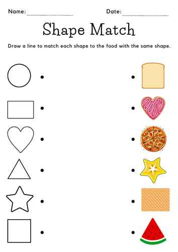 shapes matching food worksheet for kindergarten | Teaching Resources