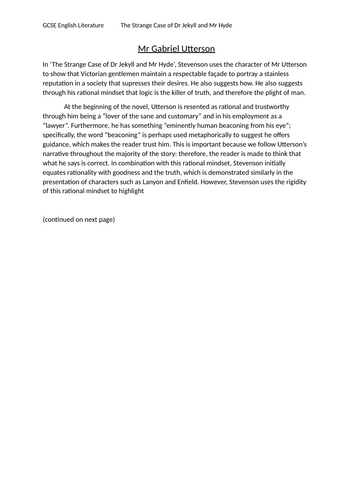 GCSE FULL MARKS, MR UTTERSON J&H ESSAY | Teaching Resources