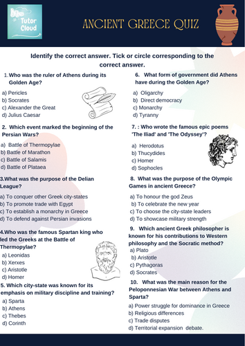 Ancient Greece Multiple Choice Quiz Teaching Resources