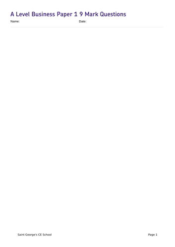 AQA A level Business 9 Mark Questions | Teaching Resources