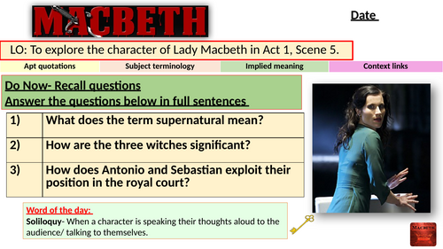 Lady Macbeth Act 1 Scene 5 detailed lesson | Teaching Resources