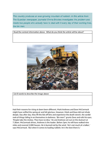 Non-fiction Reading Comprehension Refuse Collectors KS3 | Teaching ...