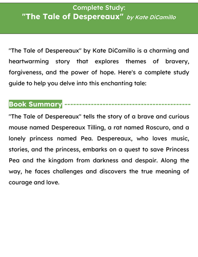Book Study : " The Tale of Despereaux " by Kate DiCamillo | Teaching ...