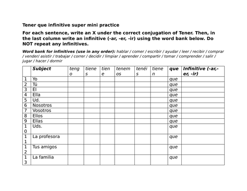 Tener que infinitive super mini practice | Teaching Resources
