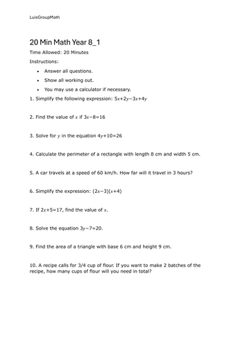 20 Min Math Year 8_1 with answers | Teaching Resources