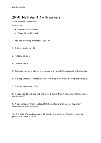 20 Min Math Year 4_1 with answers | Teaching Resources