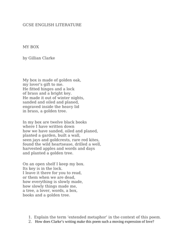 GCSE ENGLISH LITERATURE: poetry anthology: "My Box" by Gillian Clarke ...