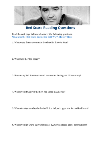 The Second Red Scare Reading Questions Worksheet | Teaching Resources