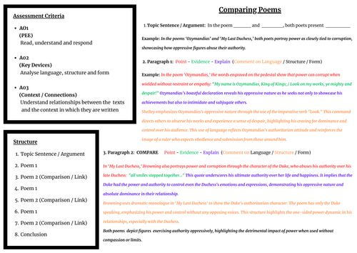 Comparing Unseen Poetry Answer Structure Power and Conflict GCSE ...