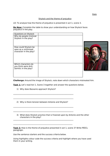 Merchant of Venice- Shylock worksheet | Teaching Resources