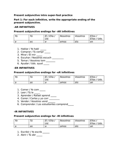 Present Subjunctive Intro Super Fast Practice Teaching Resources