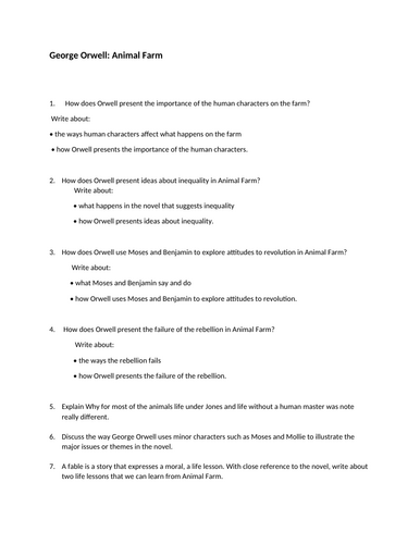 GCSE English Literature exam questions "Animal Farm" George Orwell ...