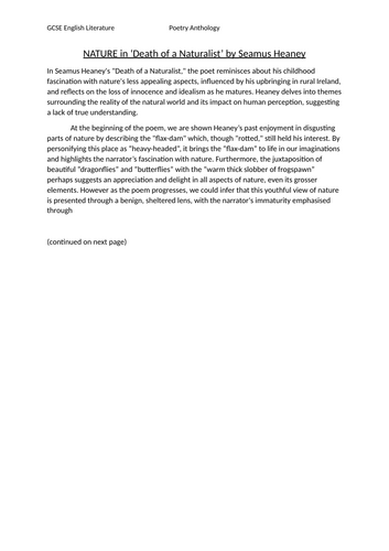 GCSE FULL MARKS, EDUQUAS 'DEATH OF A NATURALIST' NATURE POEM ESSAY ...