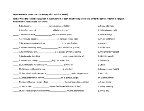 Imperfect tense mixed practice (Conjugation and clue words) | Teaching ...