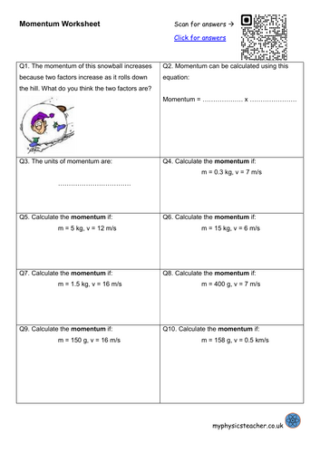 Momentum - GCSE Physics Worksheet with link to YouTube walkthrough ...