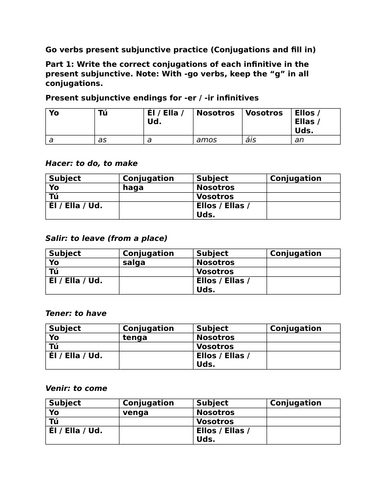 Go verbs present subjunctive practice (Conjugations and fill in ...