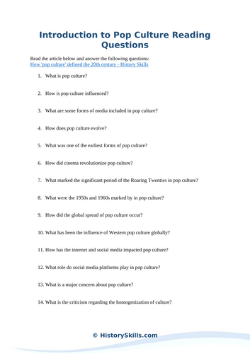 Introduction to Pop Culture Reading Questions Worksheet | Teaching ...