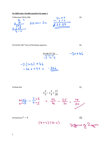 GCSE Maths, Paper 1, Possible Question Types | Teaching Resources