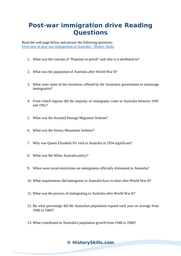 Australian Post-War Immigration Reading Questions Worksheet | Teaching ...