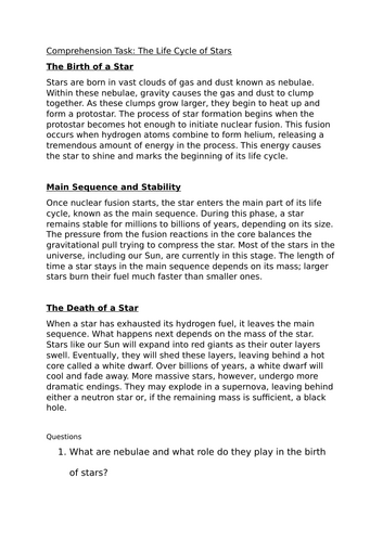 Life Cycle of Stars Comprehension | Teaching Resources