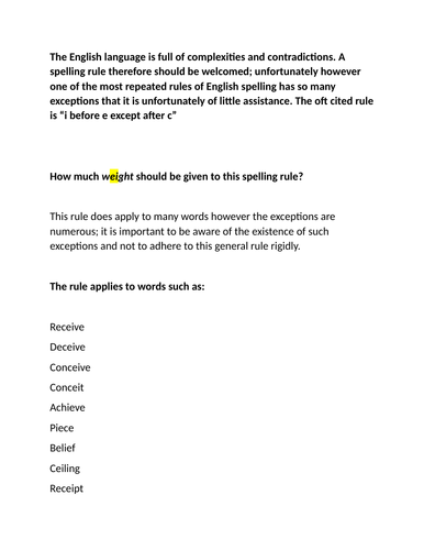 TEFL: is the rule 'i before e except after c' accurate?; Learning English | Teaching Resources