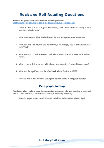 History of Rock and Roll Reading Questions Worksheet | Teaching Resources
