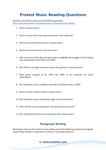 History of Protest Music Reading Questions Worksheet | Teaching Resources