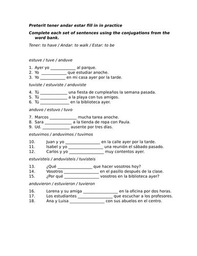 Preterit tener andar estar fill in in practice | Teaching Resources