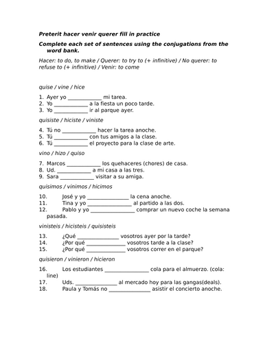 Preterit hacer venir querer fill in practice | Teaching Resources
