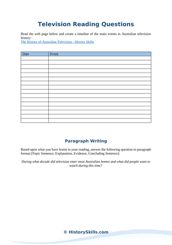 History of Australian Television Timeline Worksheet | Teaching Resources
