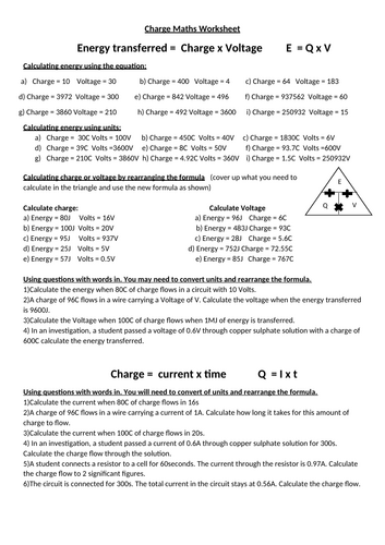 E = QV and Q = It worksheet | Teaching Resources