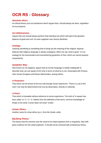 OCR A Level RS - Full Glossary of Terms | Teaching Resources
