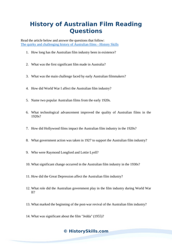 History of Australian Film Reading Questions Worksheet | Teaching Resources