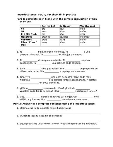 Imperfect tense: Ser, Ir, Ver short fill in practice | Teaching Resources