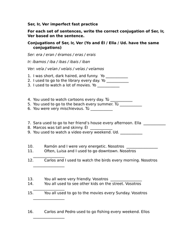 Ser, Ir, Ver imperfect fast practice | Teaching Resources