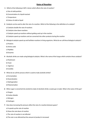 Rates of Reaction Multiple Choice Questions with Answers | Teaching ...