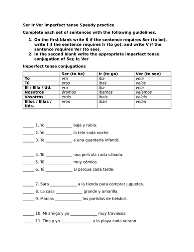 Ser Ir Ver imperfect tense Speedy practice | Teaching Resources