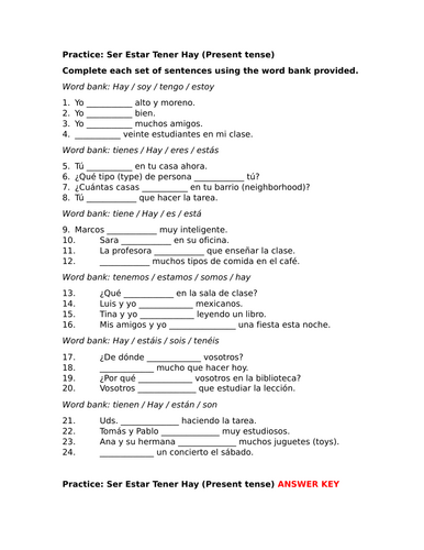 Practice: Ser Estar Tener Hay (Present tense) | Teaching Resources