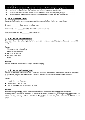 Master Modal Verbs: Persuasive Writing Worksheet for 7-11 Year Olds ...