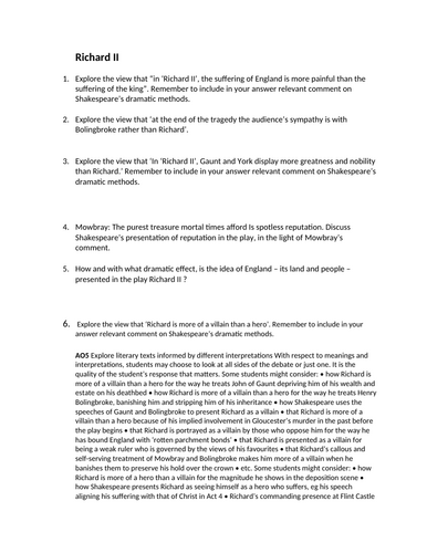 A LEVEL ENGLISH LITERATURE: essay questions RICHARD II | Teaching Resources A LEVEL ENGLISH LITERATURE: essay questions RICHARD II | Teaching Resources