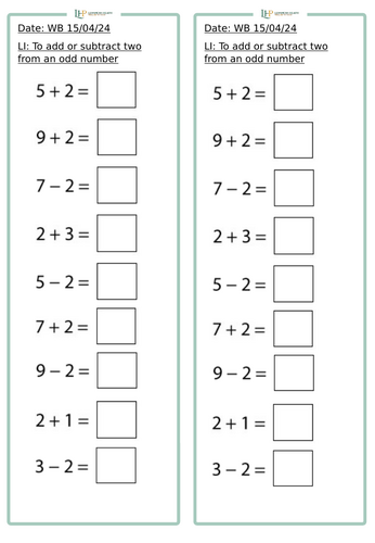 Year 1 To Add or Subtract 2 from an Odd number or Even number ...