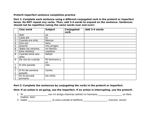 Preterit imperfect sentence completion practice | Teaching Resources
