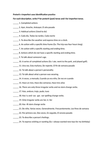 Preterit v Imperfect uses identification practice | Teaching Resources